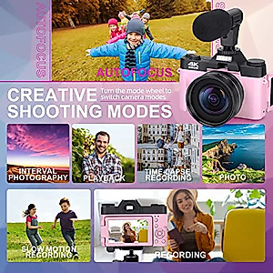 4K Digital Cameras for Photography, 16X Digital Zoom Camera, Video Camera with Wide-Angle & Macro Lenses, Flip Screen vlogging Camera for YouTube, External Microphone, 32GB TF Card - Pink