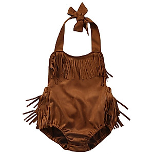 Infant Baby Girl Fringe Faux Suede Romper - Western Style Halter Sunsuit, Adjustable Straps (Brown, 6-12 Months)