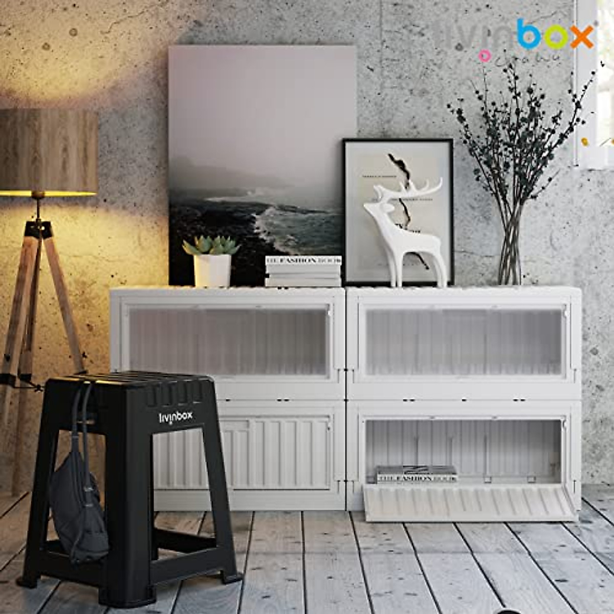 livinbox 45L collapsible storage bins with door, comic books container, dust-proof stack-able folding box for Home Office Bedroom Dorm Toys Bedding, white & transparent, FB-6432S-WTTR