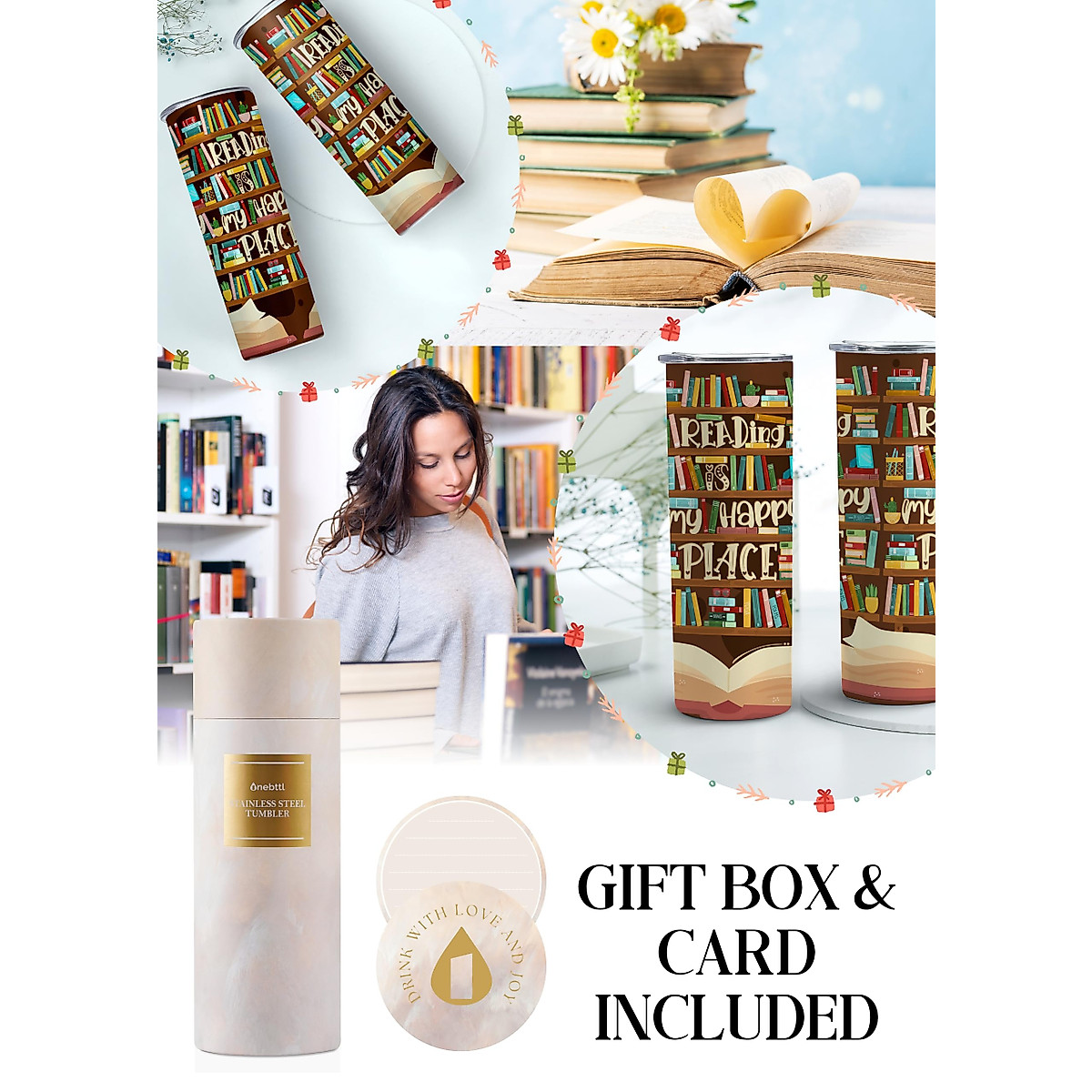 Onebttl Book Lovers Gifts For Women - 20oz/590ml Stainless Steel Insulated Tumbler with Straw, Lid - Reading Gifts for Book Worm, Librarians, Readers - Bookshelf