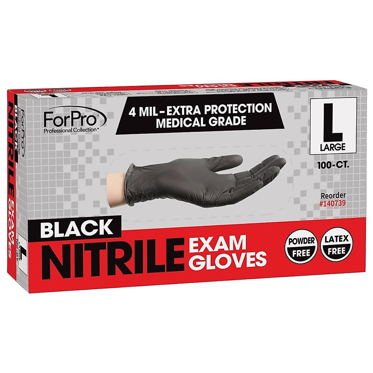 ForPro Disposable Nitrile Exam Gloves, Medical Grade, 4 Mil Extra Protection, Powder-Free, Latex-Free, Non-Sterile, Food Safe, Black, Large, 100-Count