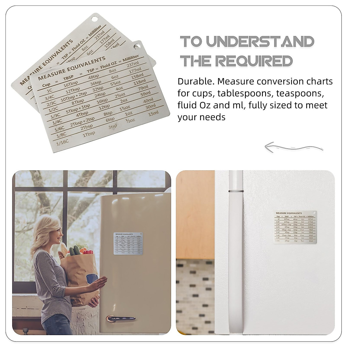 Cabilock Measurement Conversion Chart Refrigerator Magnet in Stainless Steel Conversions for Cups Tablespoons Teaspoons Fluid Oz and Milliliters 2pcs