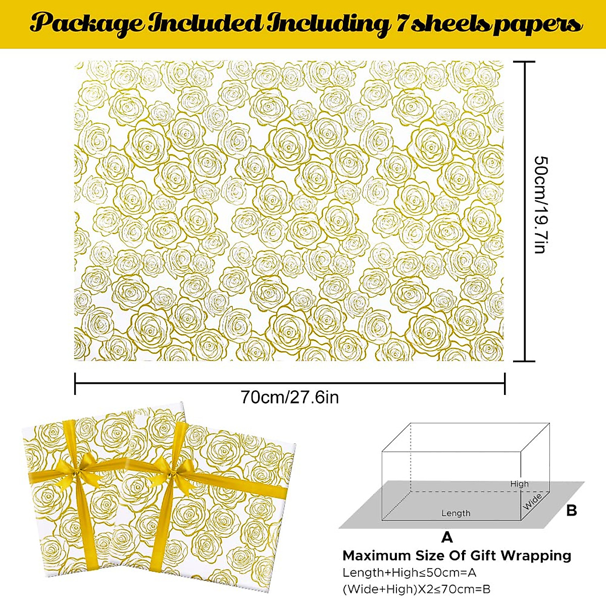 Wedding Wrapping Paper, 7 Sheets Golden Rose Pattern in White Art Paper with 1 Roll Gold Ribbon, 20 x 28 inch Per Sheet Folded Flat Gift Wrap for Weddings, Birthday, Baby Showers, Bridal Showers