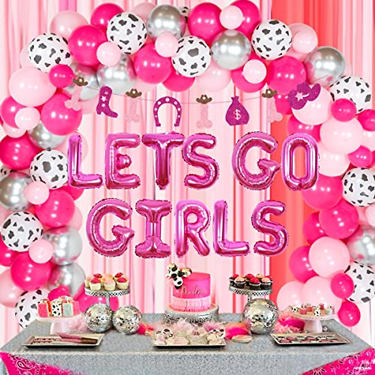 Let’s Go Girls Bachelorette Decorations - Western Cowgirl Glitter Paper Banner, Bridal Shower Balloon Garland Arch Kit for Funny Engagement Party Supplies