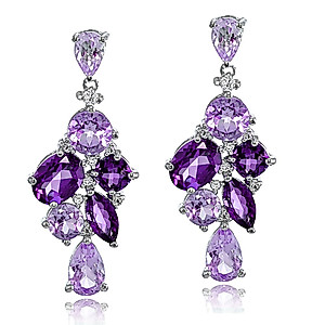 Sterling Silver African Amethyst and White Topaz Cluster Tonal Dangle Earrings