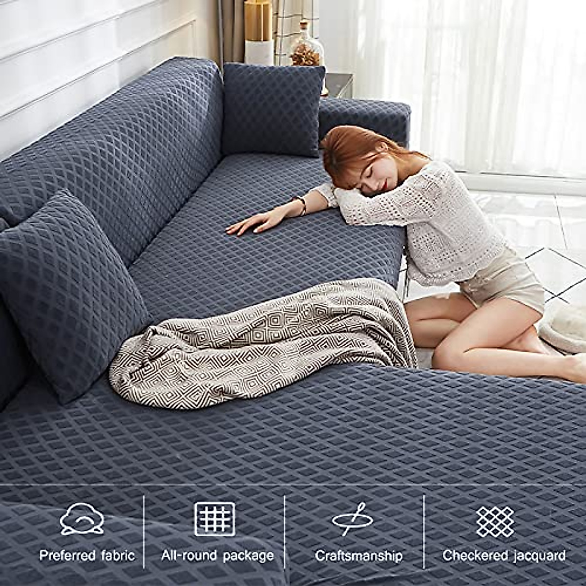 Checks Stretch Sofa Slipcover, Thick Sectional Couch Covers Elastic Bottom Removable L-Shaped Sofa Covers for Pets Cat Dog-Blue A-3 Seater+4 Seater