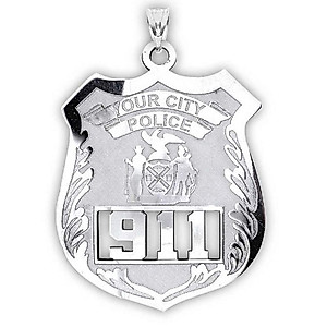 PicturesOnGold.com Personalized Police Badge with Your Number & Department in Solid 10K, 14k Gold or Sterling Silver (Sterling Silver, 1 Inch X 1-1/4 Inch)