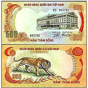 1972 VN AWESOME 1972 VIETNAM WAR TIGER BILL!! LAST SOUTH VIETNAM ISSUE BEFORE ITS FALL!! RARE!! 500 DONG Crisp Uncirculated
