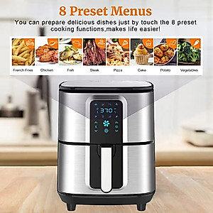 Kitcher 6.8Qt Air Fryer, Hot Air Fryer with 8 Cooking Functions Temperature Timer Control Led Touch Screen 50 Recipes, Stainless Steel Silver