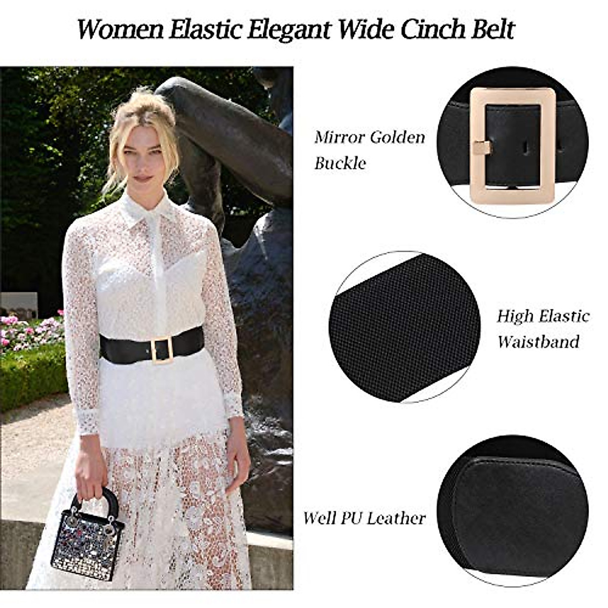 SUOSDEY Wide Elastic Belt for Women, Stretch Cinch Waist Belt for Ladies Dresses with Metal Buckle,black belt with gold buckle