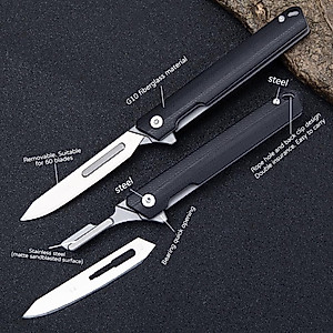 TGZUO Folding Pocket Knife G10 Handle Mini EDC Scalpel Knife Utility For Outdoor 10pcs #60 Carbon Steel Replacement Blades