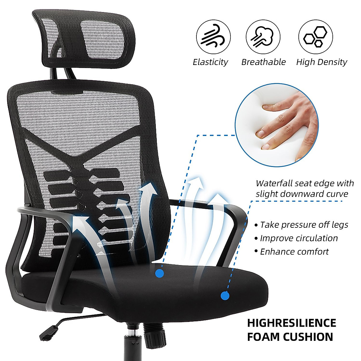 EnjoySeating Ergonomic Office Chair Heavy Duty 350 lbs, Breathable Mesh Desk Chair with 2D Headrest and Lumbar Support, Tilt Function, Swivel Task Chair for Home Work Black