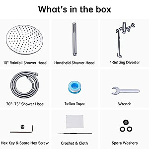 G-Promise All Metal 10" Rain Shower Head with Handheld Spray Combo, Contains 4-Setting Soild Brass Diverter with 9" Adjustable Extension Arm, 71" Extra Long Stainless Steel Hose (10 inch, chrome)