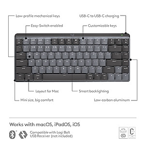 Logitech MX Mechanical Mini Keyboard + MX Master 3S Wireless Mouse for Mac - Low-profile Backlit Keys, Tactile Quieter Switches, 8K DPI Sensor, Quiet Clicks, USB-C,Bluetooth,macOS, iPadOS - Space Grey