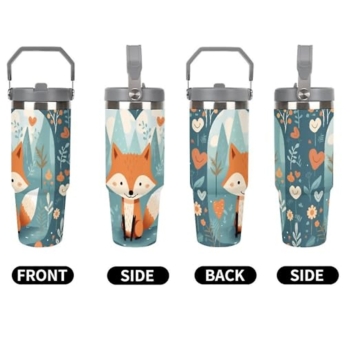 Fox And Heart 30oz Stainless Steel Insulated Tumbler with Straw & Foldable Handle - Leakproof, Double-Wall Vacuum Travel Thermos for Hot/Cold Drinks, Non-Slip Base, Fit Cup Holders