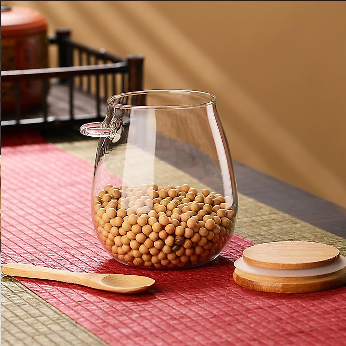 DNIENKGE Airtight glass jar storage container with bamboo lid Set of 2, wide mouth, leak-proof, With a spoon, can be used for coffee beans, tea leaves, grains, dried fruits, etc (Small)