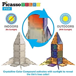 PicassoTiles UV Activated Color Changing Rocket Set Magnet Construction Toy Kit Engineering STEM Learning Playset Child Brain Development Stacking Blocks Playboard for All Ages 3 and Up PT31