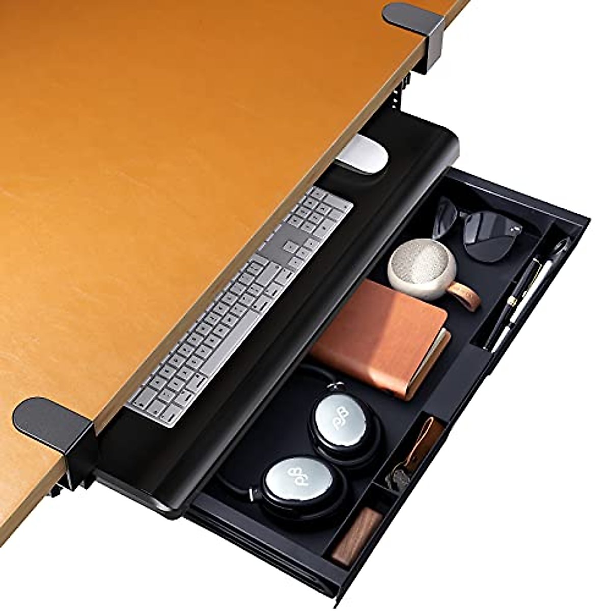 HUANUO Keyboard Tray, Pull Out Drawer Under Desk - Keyboard Tray Under Desk Slide, w/Storage Organizer, Computer Keyboard Stand w/Extra Sturdy C Clamp (32.28" Including Clamps)