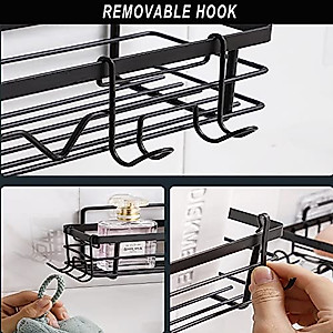 Shower Caddy Basket, Adhesive Shower Shelves with 3 Hooks/1 Soap Holder, No Drilling Bathroom Storage Organizer Rack Stainless Steel Black Shower Self for Inside Shower, Kitchen, Restroom, Toilet