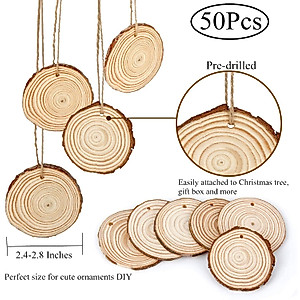 50Pcs 2.4"-2.8" Natural Wooden Slices,Colovis Unfinished Wood Circles with Holes Tree Bark Round Log Discs DIY Crafts Hanging Ornaments (50 Pcs, Natural Wood)