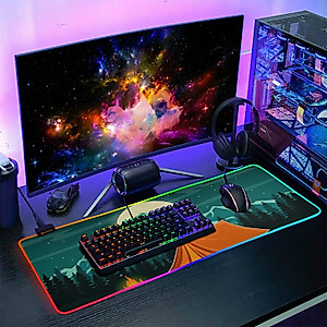 Large RGB Gaming Mouse Pad Family Adventure Camping Evening Scene Tent Glowing Extended Mousepad 35.4x15.7in, Soft Anti-Slip Rubber Base Luminous Mouse Mat for Pc Laptop, Gaming, Office, Home