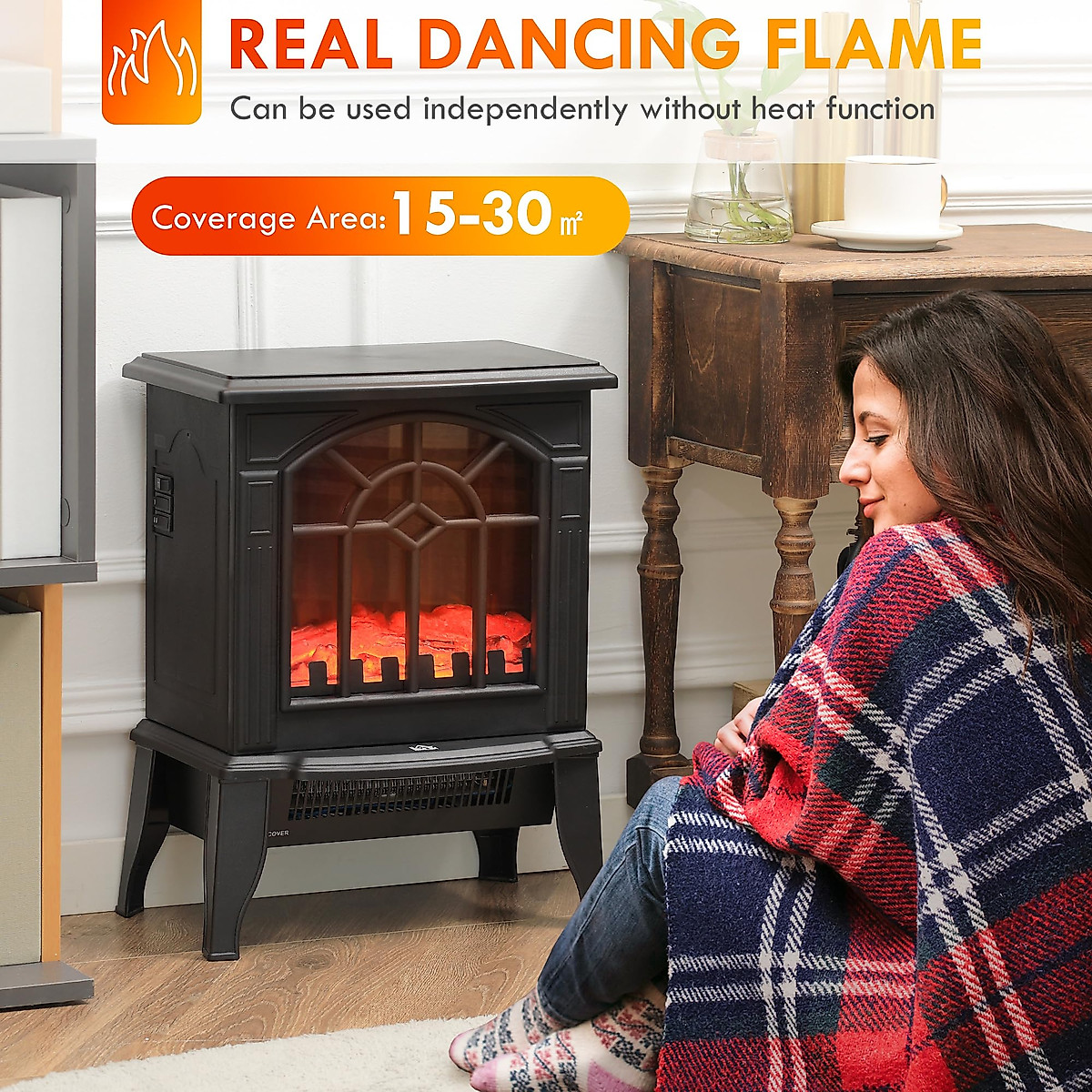 HOMCOM 18" Electric Fireplace Heater, Freestanding Fire Place Stove with Realistic LED Flames and Logs, Overheating Protection, 750W/1500W, Black