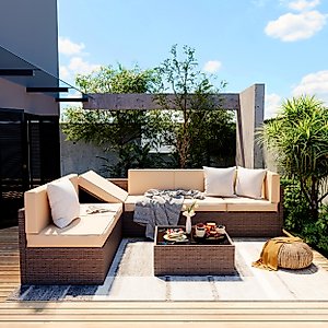 Pamapic Patio Furniture Set, 7 Pieces Modular Outdoor Sectional, Patio Sectional Sofa Conversation Set, Rattan Sofa with Coffee Table and Washable Cushions Covers, Brown Rattan and Beige Cushions