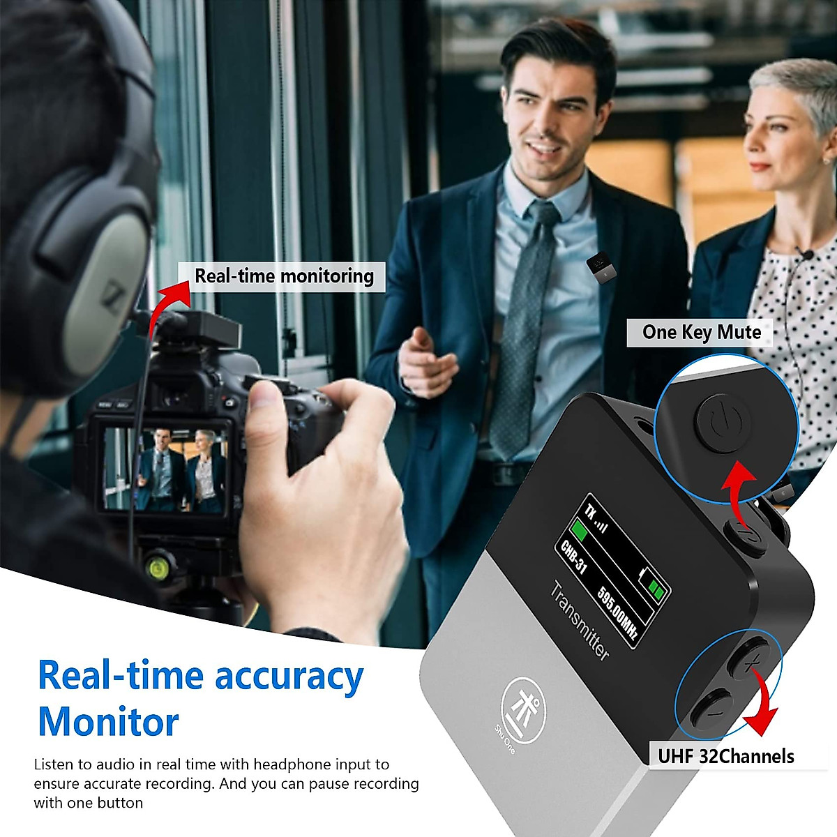 Mirabox Wireless Lavalier Microphone, 32 Channels UHF Microphone System with 2 Transmitter and 1 Receiver,Lav Mic for DSLR Camera, Smartphone, Tablets