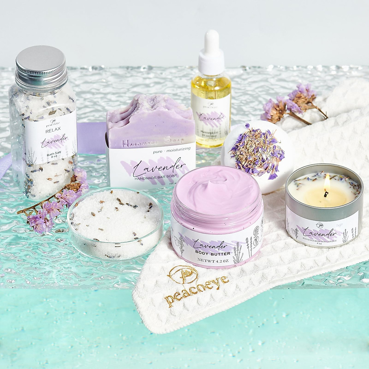 Peacoeye Gifts for Women Spa Lavender Bath Gift Baskets Mothers Day Gifts Relaxing Self Care Gift for Mom Her Sister Wife Auntie Home Bath Kit Care Package Birthday Friendship Gift Ideas