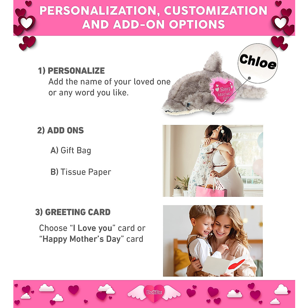 DolliBu Happy Mother's Day Super Soft Plush Grey Dolphin Doll Figure - Cute Stuffed Animal with Pink Heart Message for Best Mommy, Grandma, Wife, Daughter - 12.5" Inch