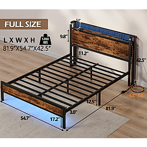 Furnulem Full Bed Frame with LED Lights,Industrial Storage Headboard with Charging Station,USB Port,Under Bed Storage,Wood Platform with Strong Metal Support,No Box Spring Needed, Silent