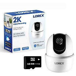 Lorex Pan & Tilt Indoor Security Camera, Wireless 2K WiFi Camera with Person Detection, Two-Way Talk and Smart Home Compatibility, 16GB MicroSD, 1 Camera