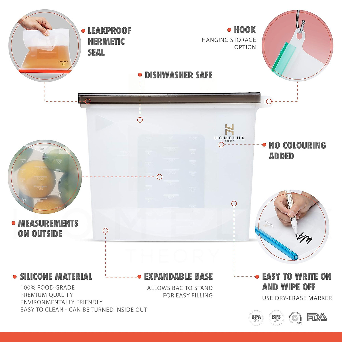 Homelux Theory Reusable Freezer Bags | LEAKPROOF, AIRTIGHT | 100% Food Grade Silicone Food Storage Bags| Reusable Sandwich Bags | travel picnic lunch Reusable Snack Bags (2 Large + 2 Medium + 2 Small)