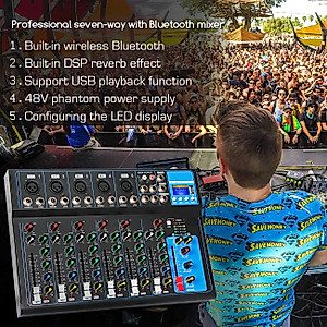Depusheng HT7 Bluetooth Portable Audio Mixer w/USB DJ Sound Mixing Console MP3 Jack 48V Power for Computer Recording, 7-Channel Bands Mixing Boards For Studio Recording