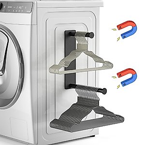 MFTEK Hanger Organizer Stacker, Magnetic Hanger Holder, Extendable Hanger Storage Rack for Washing Machine Closet Laundry Room Organization, Hanger Stand Rack for Adult Kids Velvet Hangers (Black)
