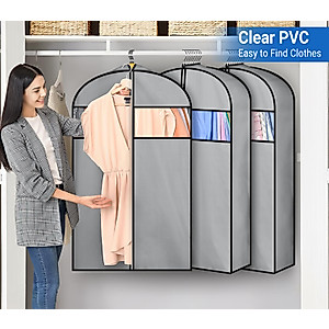 KIMBORA 6" Gusseted Garment Bags for Hanging Clothes, 40" Suit Bags for Closet Storage and Travel, Garment Covers With Clear Windows for Clothing, Coats, Jackets, Shirts (Grey, 3 Packs)