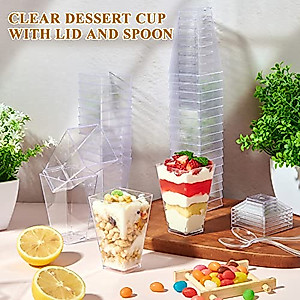 JOLLY CHEF 100 x 3 oz Mini Dessert Cups with Spoons and Lids, Square Tall - Clear Plastic Parfait Appetizer Cup - Small Reusable Serving Bowl for Party Desserts Appetizers
