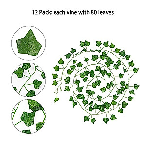 Artflower 12 Pcs 84Ft Artificial Ivy Leaf Plants Fake Ivy Leaves Garland Greenery Garland Hanging Plants Fake Vines for Room Kitchen Garden Office Wedding Wall Decor, Green