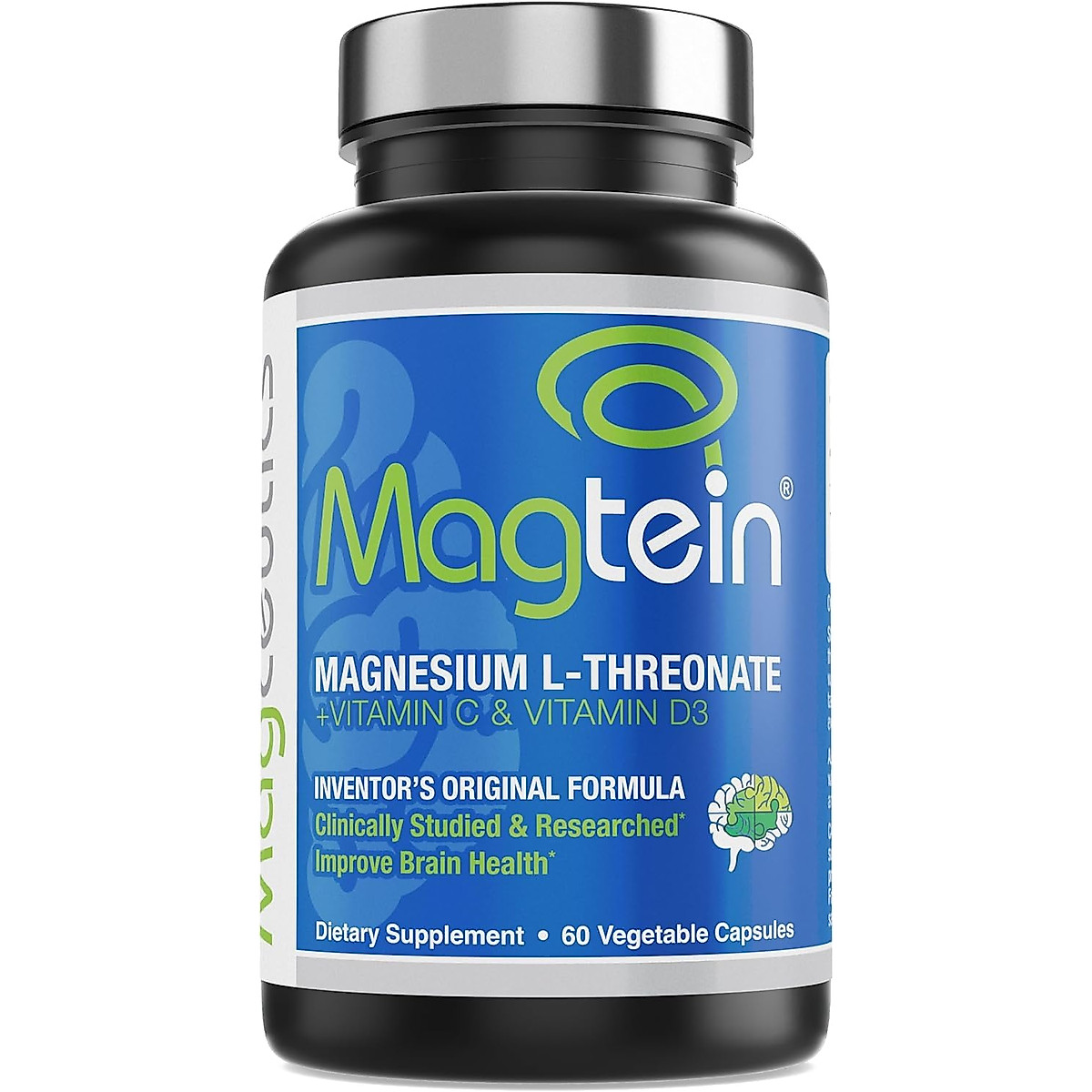 Magtein Magnesium L-Threonate, Improve Brain Health, Memory, Cognition, Stress Relief and Sleep Quality - 60 Veg Capsules (30 Days Supply)