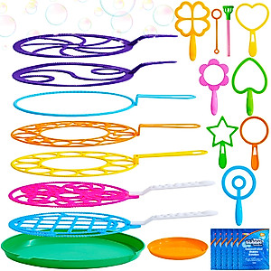 JOYIN Big Bubble Wands Set Bulk for Kids Summer Outdoor Activity Party Favors, 18 Pcs Giant Bubble Maker with Tray, 12" Large, 6 Pcs Solution Suitable for All Age People