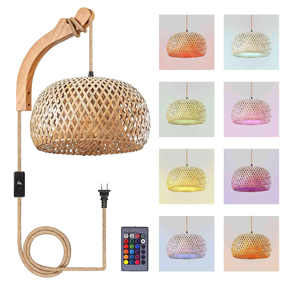 Bamboo Lantern Plug in Wall Sconce Or Hemp Rope Pendant Lamp with LED RGB Bulb, Rattan Wall Lamps, Wood Shelf Brackets, Boho Wicker Hanging Light with 9.8 FT Plug in Cord for Living Room, Bedroom