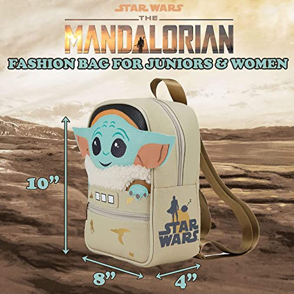 AI ACCESSORY INNOVATIONS Star Wars Mandalorian Grogu “The Child 10” Mini Backpack Purse, Faux Leather PU with 3D Features and Embroidered Appliques