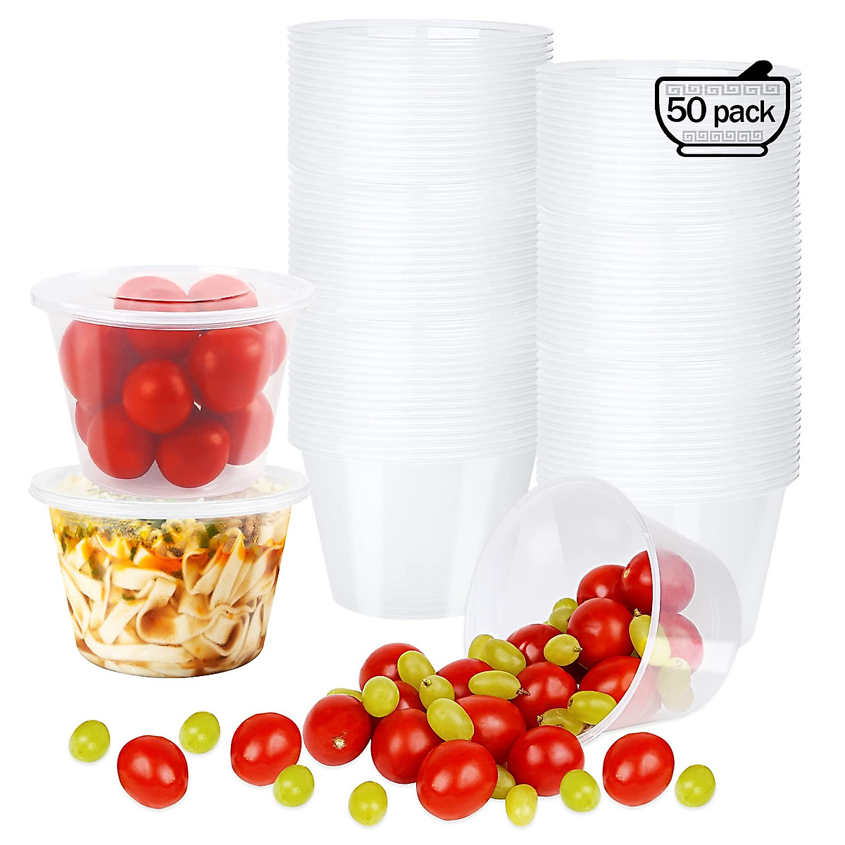 WEWBABY 16 OZ [50 Set] Plastic Deli Food Storage Containers with Leak-Proof Airtight Lids BPA Free Disposable Togo Clear Containers for Soups, Heavy-Duty Ice Cream Microwave Dishwasher Freezer Safe