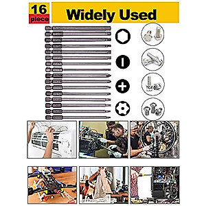 Rocaris 16 Pack 1/4 Inch Hex Shank Long Magnetic Screwdriver Bits Set 4 in Power Tools(Slotted+Cross+Hex+Plum blossom)