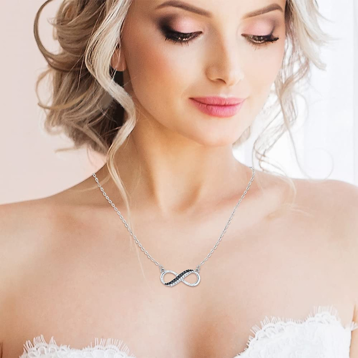 KATARINA Two Row Infinity Black and White Diamond Pendant Necklace in Sterling Silver (1/20 cttw, G-H, I2-I3)