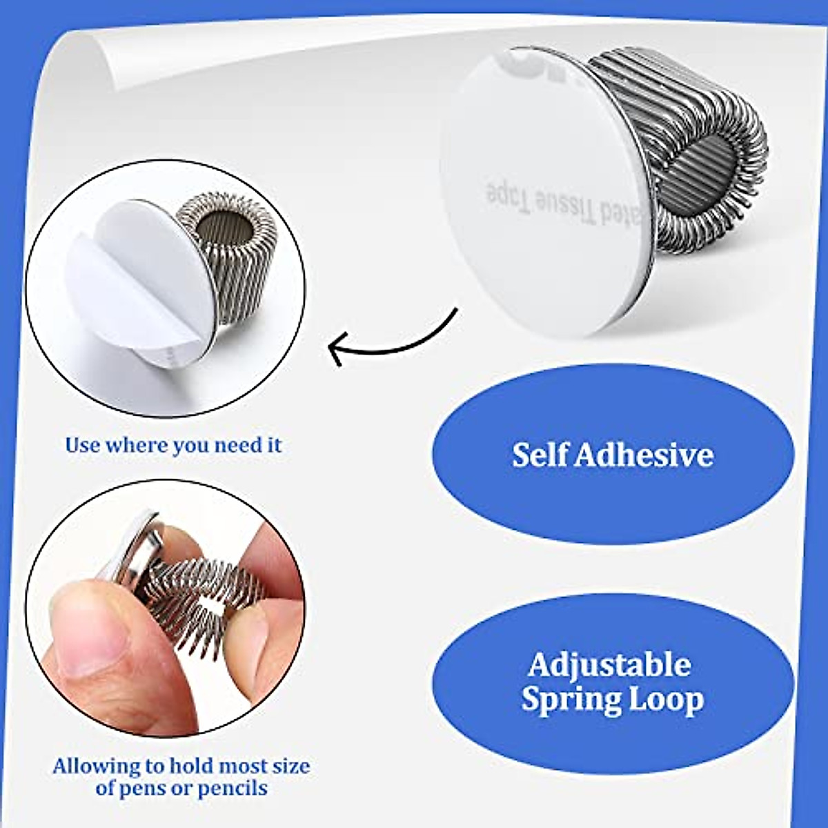 Colarr 50 Pieces Metal Pen Holder Clips Self Adhesive Pen Pencil Organizer with Adjustable Spring Loop Manganese Steel Pen Clip for Whiteboard Refrigerator Erase Board and Bulletin Board Map (Silver)