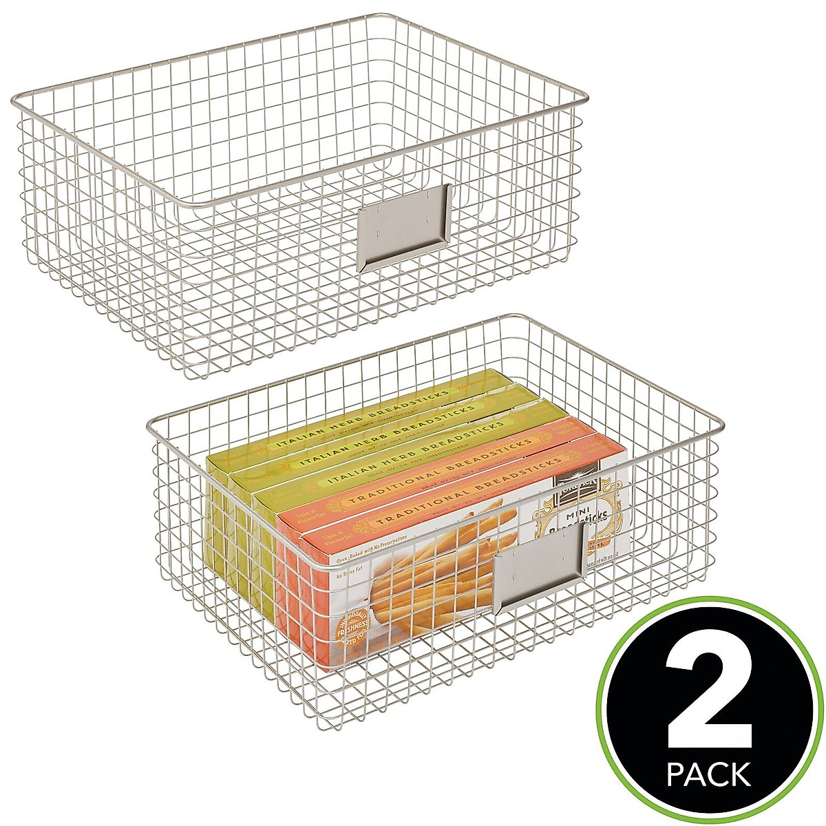 mDesign Wide Steel Wired Storage Organizer Bin Baskets with Label Slot for Kitchen Pantry, Cabinet, Organizing Holder for Food, Drinks, Snacks, Produce, Omaha Collection, 2 Pack, Satin