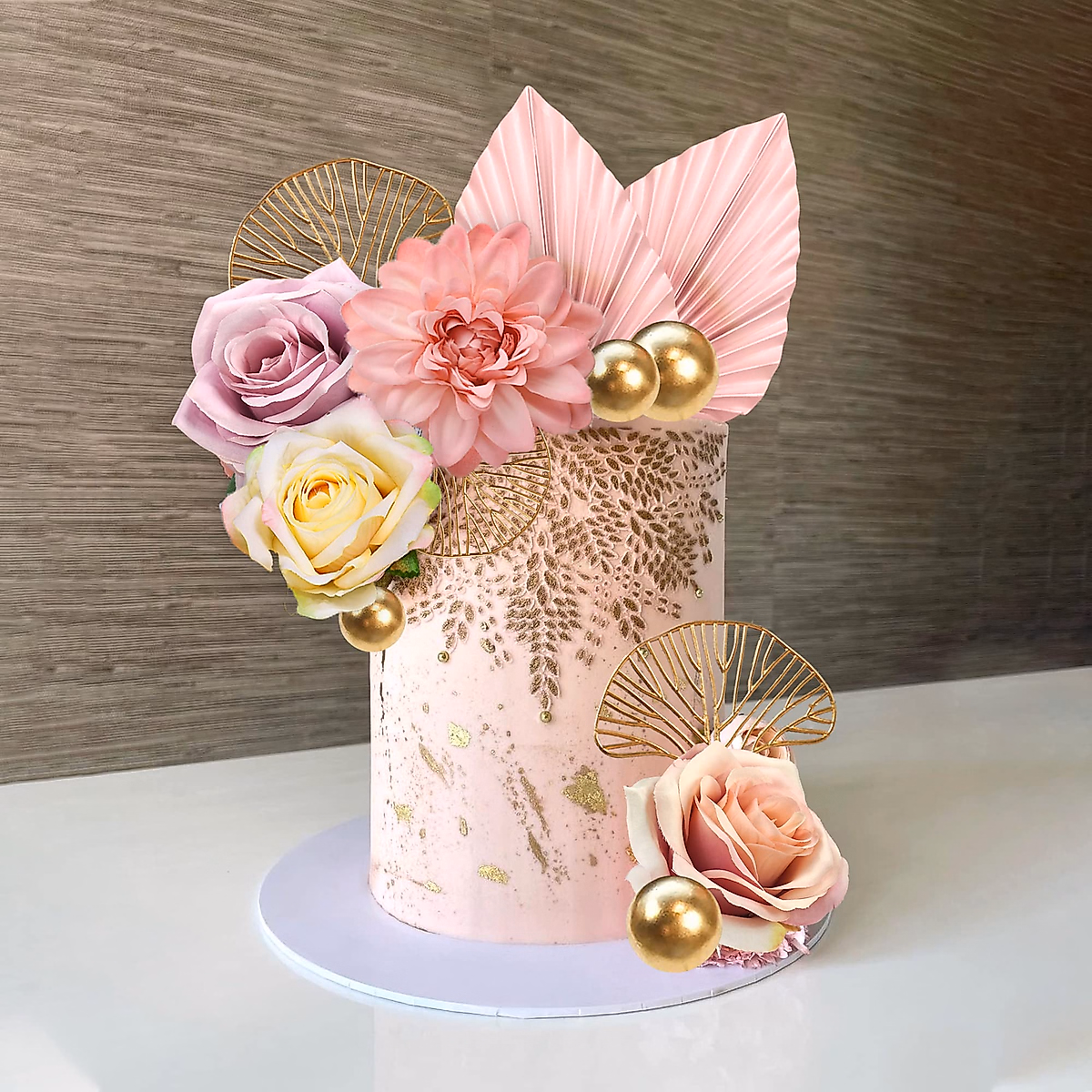 Boho Cake Topper Flower Cake Topper Pink Palm Leaves Cake Decorations with Artificial Rose Ginkgo Leaves and Balls for Wedding Baby Shower Birthday Boho Flower Themed Party Supplies (Pink)