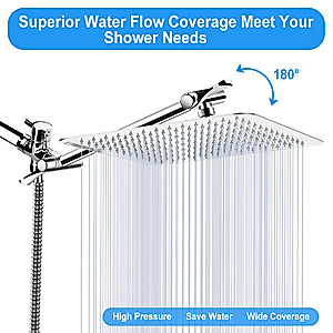 kaqinu Shower Head , 8 Inch High Pressure Rainfall Shower Head / Handheld Showerhead Combo with 11 Inch Extension Arm, Anti-leak Shower Head with Holder/ Hose, Flow Regulator, Chrome