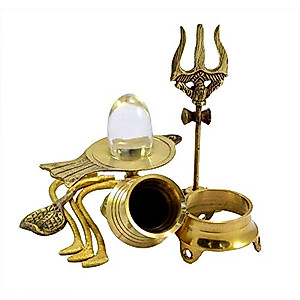 Radhna Indian Traditional Crystal Shaligram Shiva Shivling Statue Brass Stand (Gold) Crystal Shiva Lingam with Shiv Trishul Tripai Stand Shiv ling Murti Sculpture with Brass (Size_22 x 12 x 7 cm)